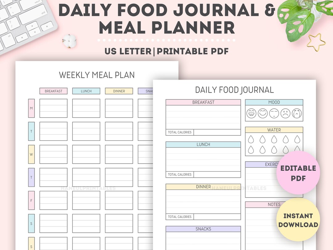 Editable Food Journal & Meal Planner: Printable Calorie Tracker (US ...