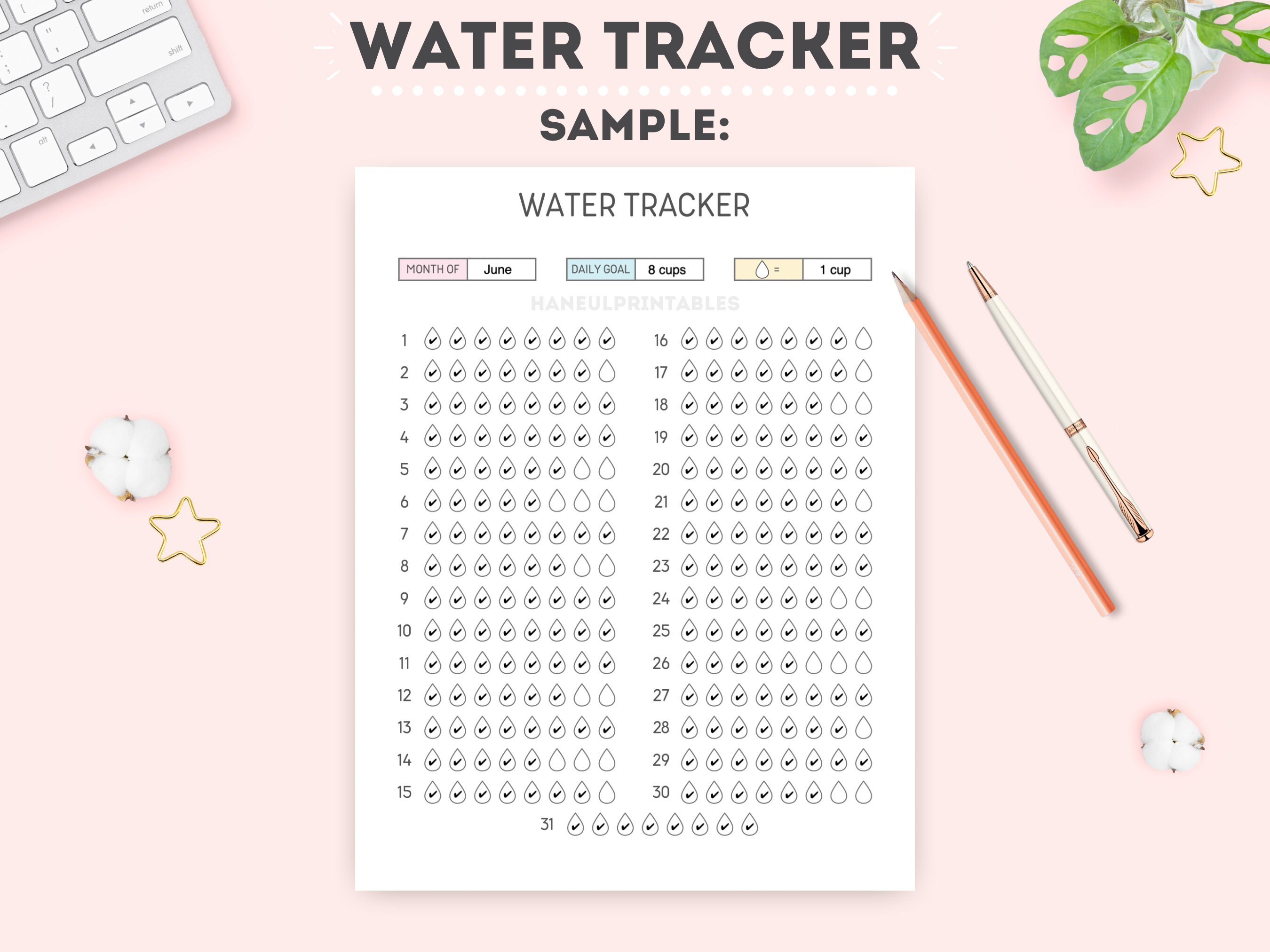 Editable Monthly Water Tracker: Printable Hydration Chart (US Letter ...
