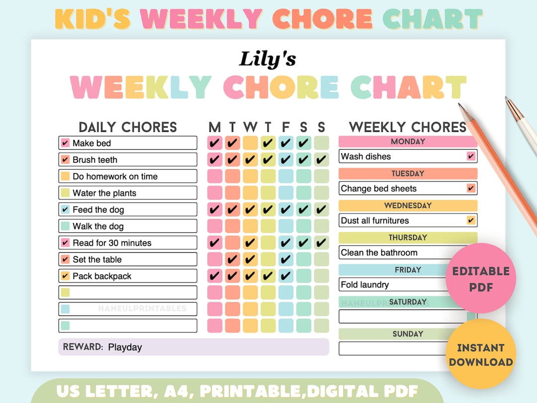 Editable Kids Weekly Chore Chart: Responsibility Checklist (US Letter ...