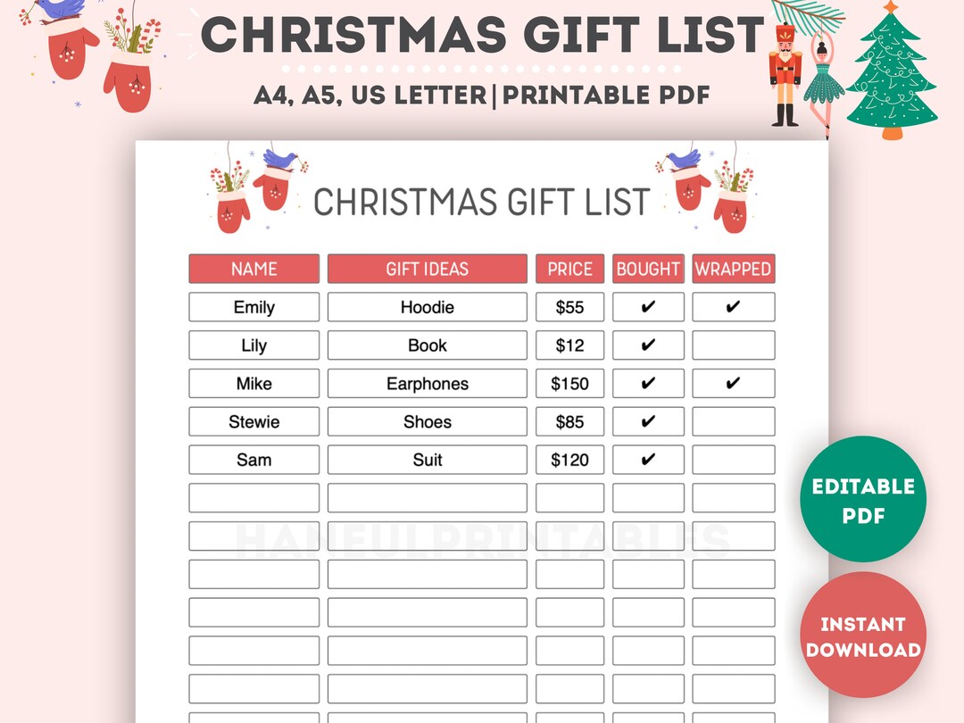 Editable Christmas Gift List|printable Christmas Gift Tracker|christmas ...