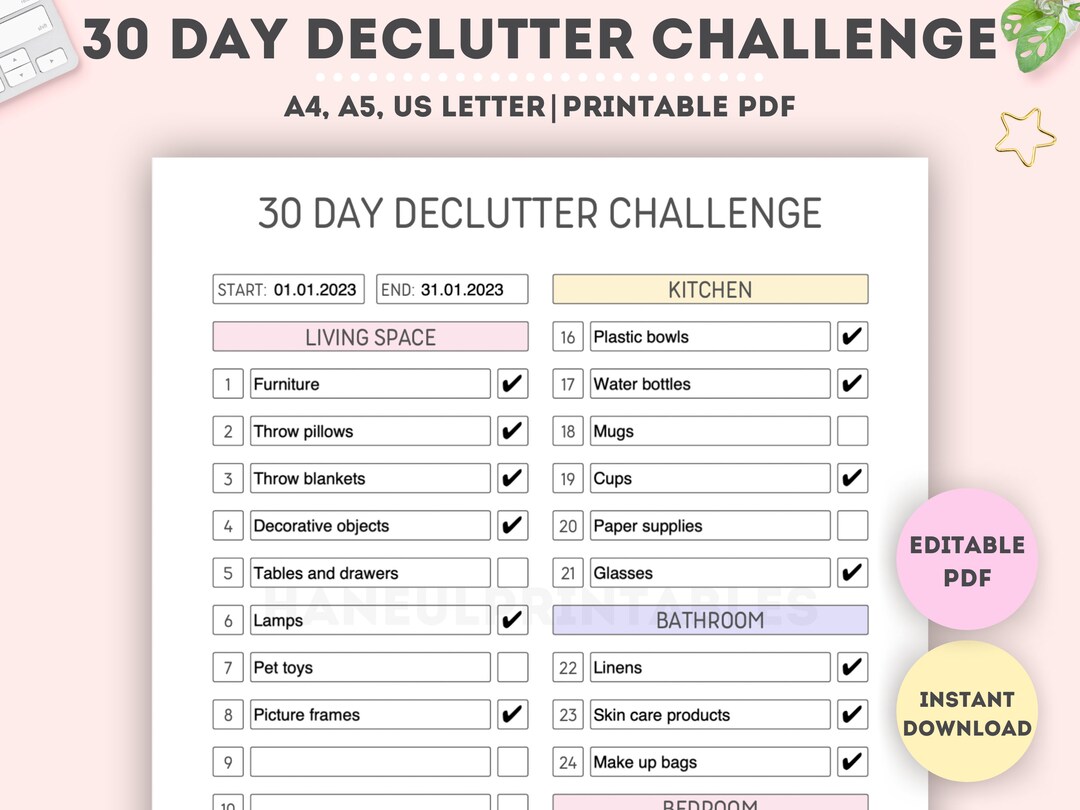 Editable 30 Day Declutter Challenge|printable Declutter Challenge ...
