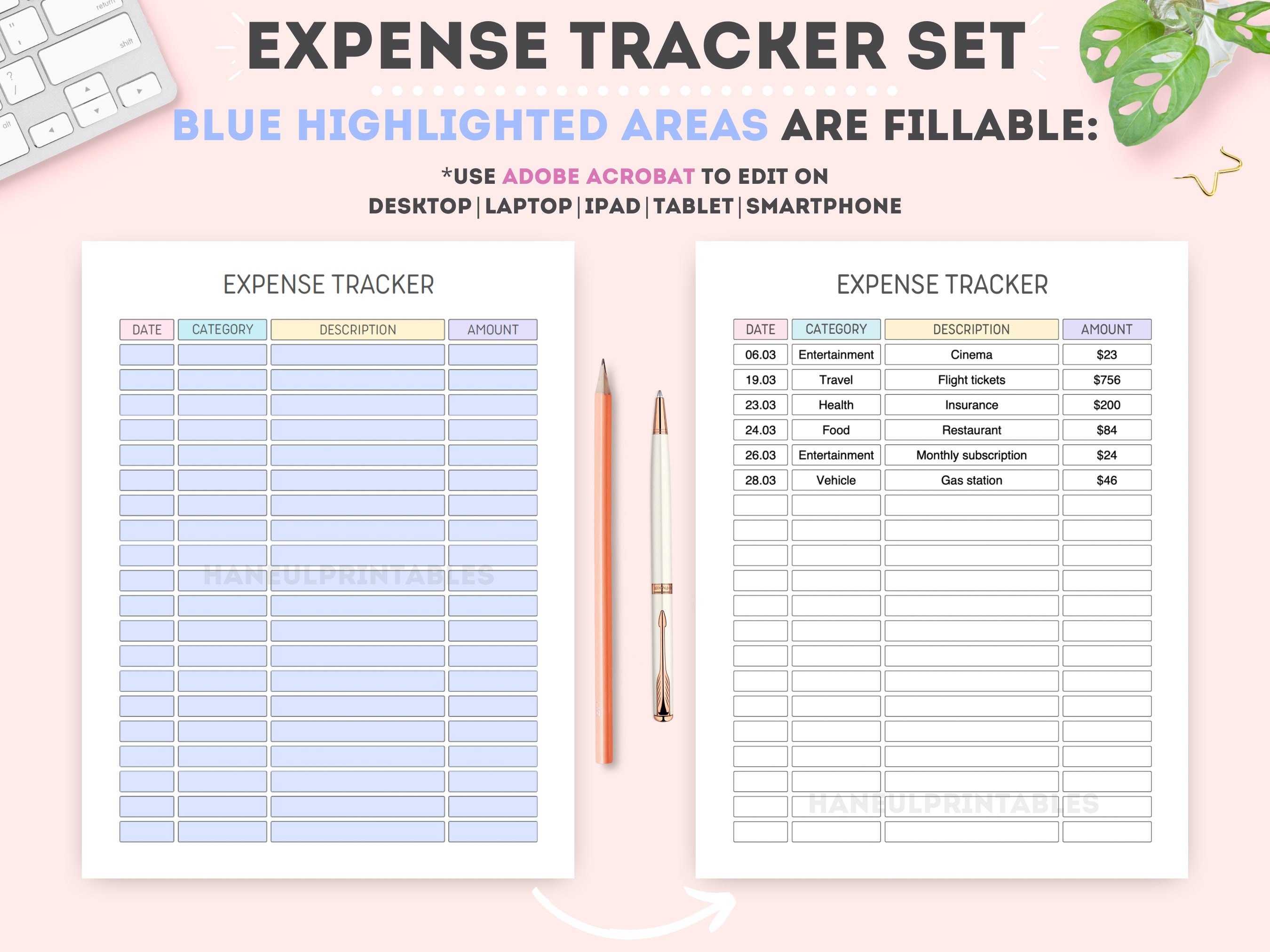Editable Expense Tracker Set|printable Spending Tracker|purchase Log ...