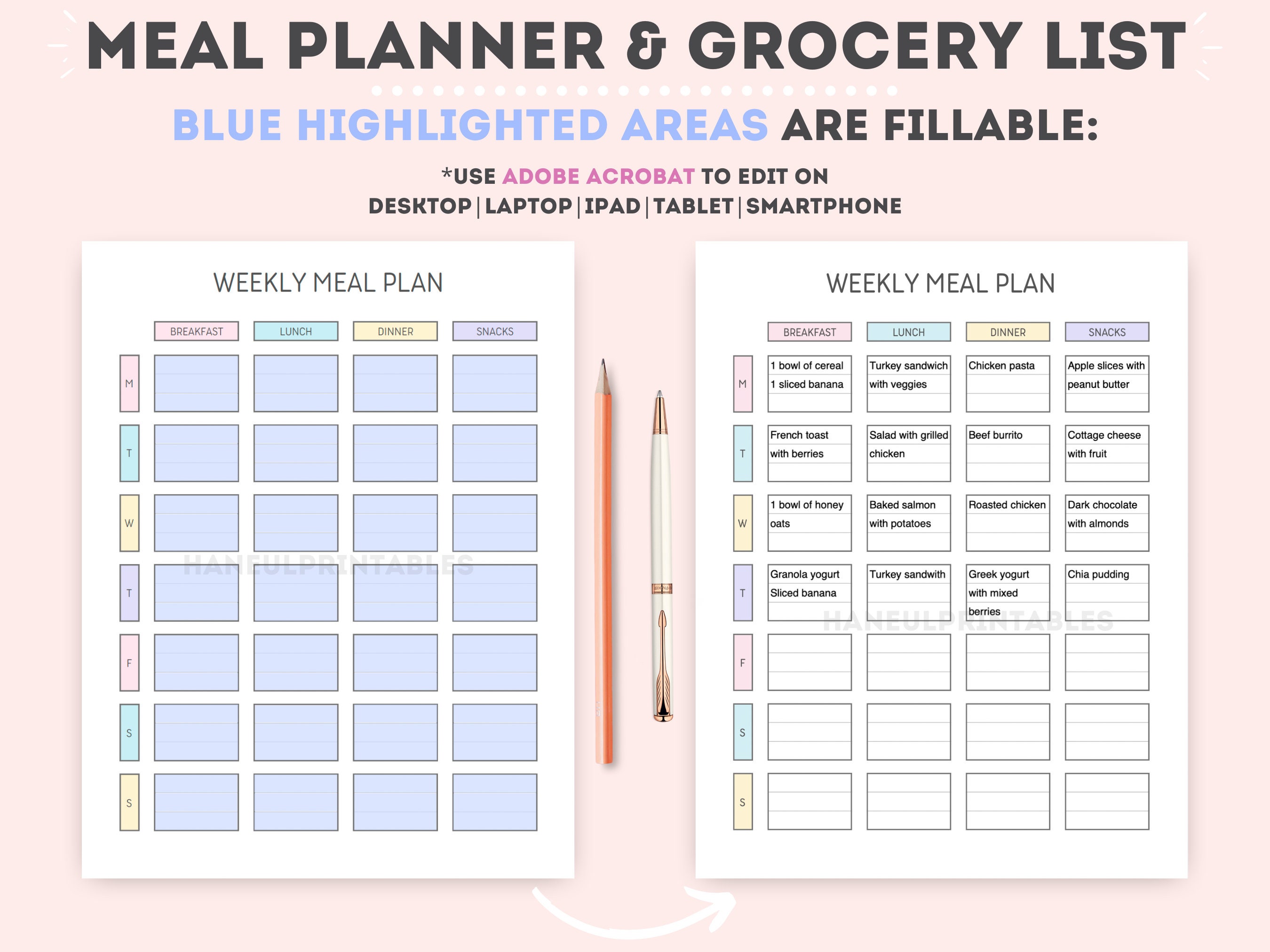 Editable Meal Planner and Grocery Listprintable Meal Planner - Etsy