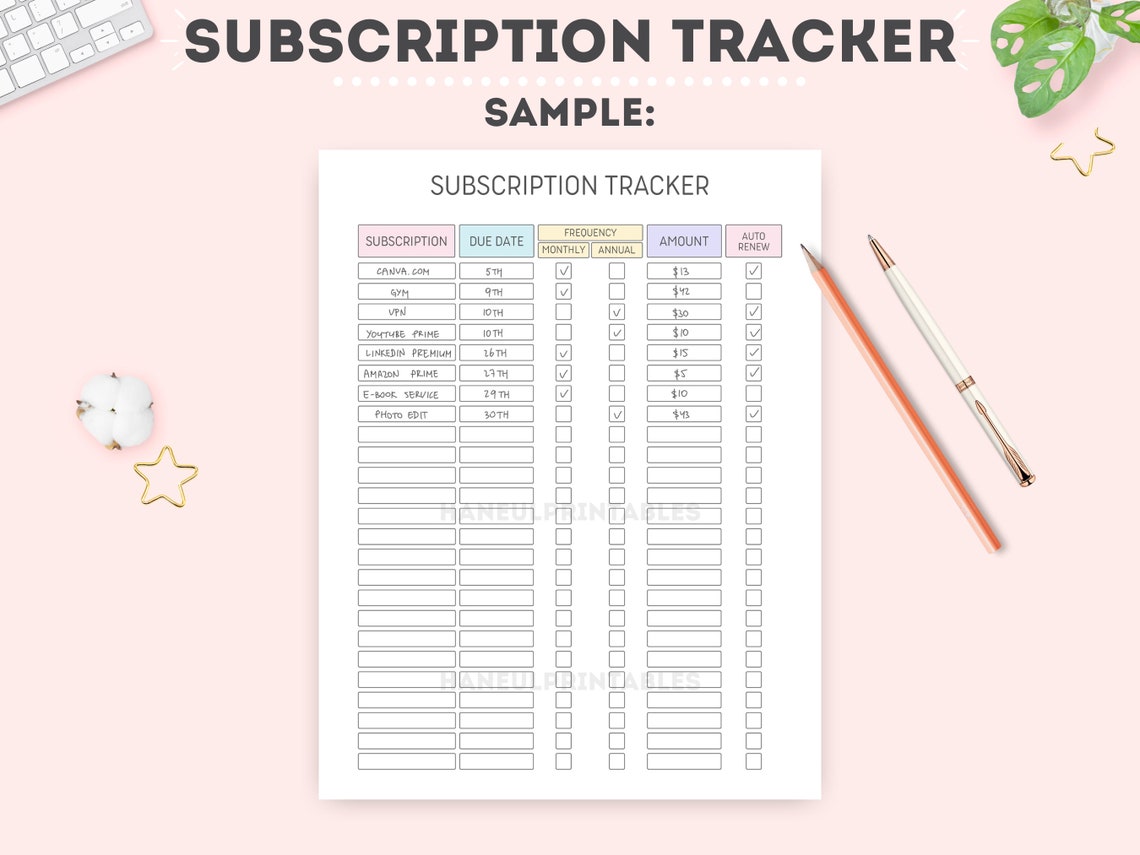 Editable Subscription Trackerprintable Subscription Logexpense ...