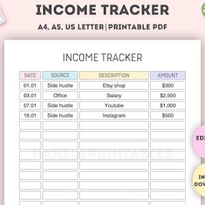 Editable Income Tracker|printable Financial Planner|income Sheet|budget ...