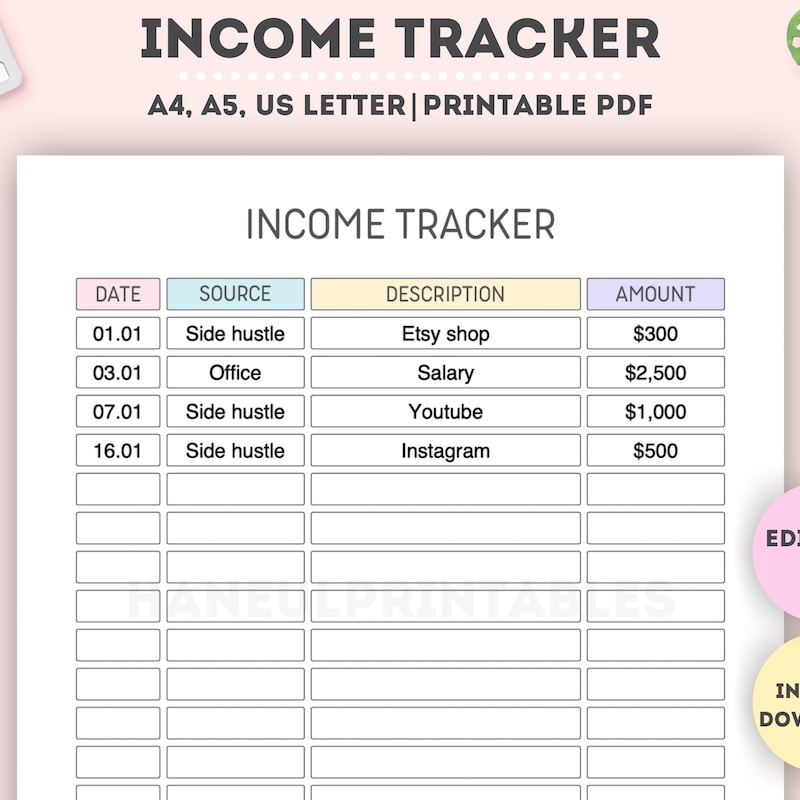 Income Tracker Printable - Etsy