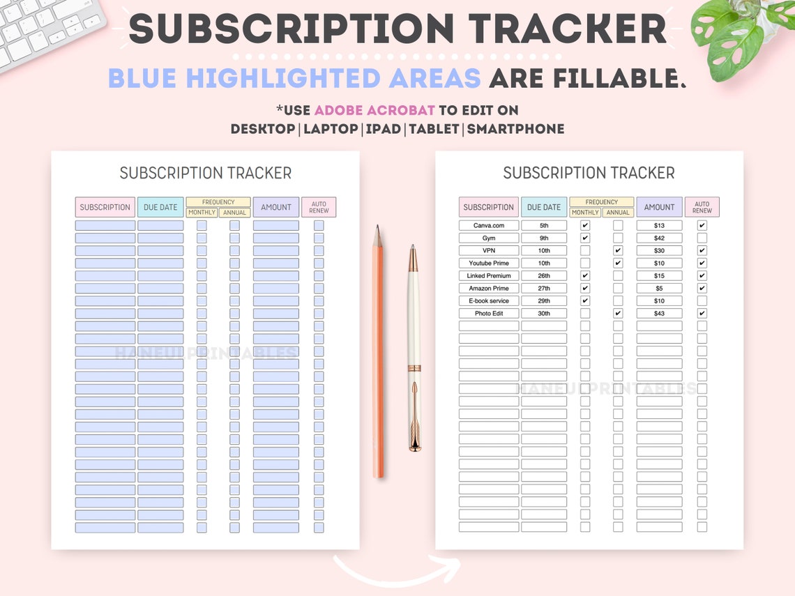 Editable Subscription Tracker|printable Subscription Log|expense ...