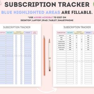 Editable Subscription Tracker|printable Subscription Log|expense ...