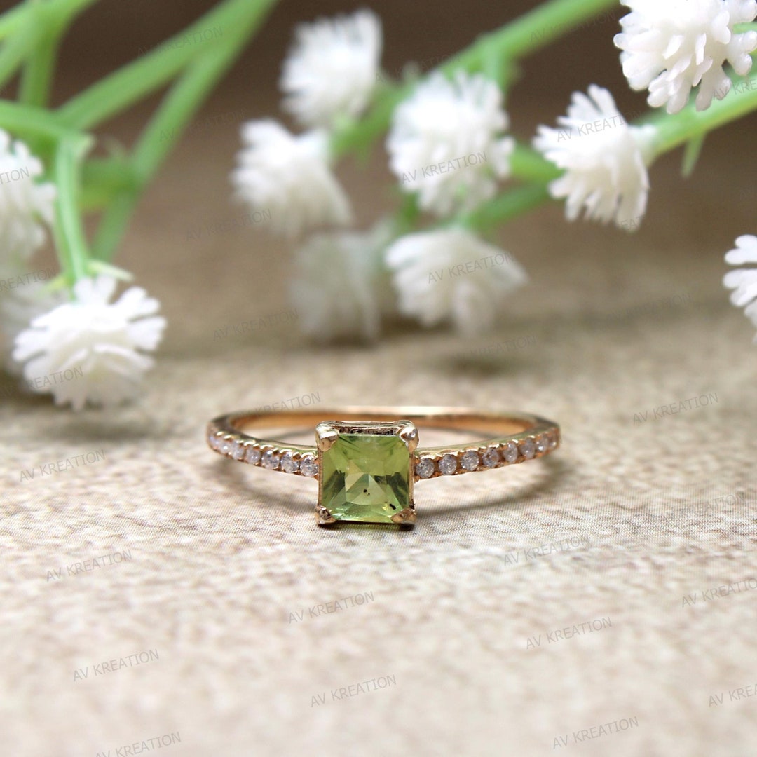Princess Cut Natural Peridot Solitaire Engagement Ring, Gemstone ...