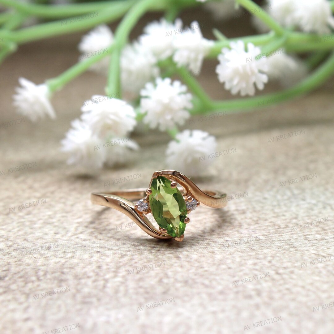 Natural Peridot Marquise Cut Wedding Engagement Ring, Marquise Gemstone ...