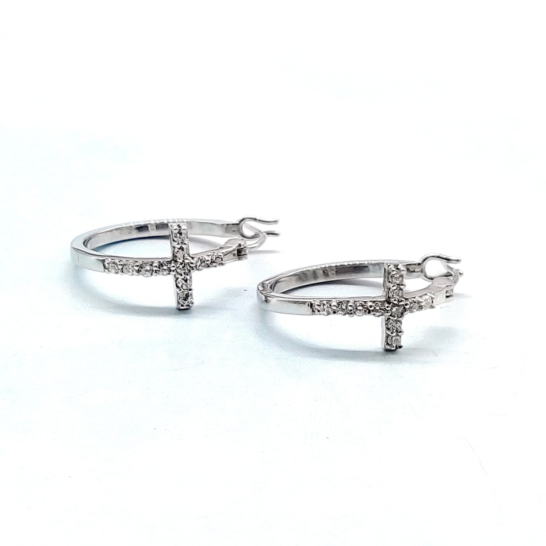Cross Hoop Earrings, Delicate Hoop Earrings, Cross Earrings, Dainty ...