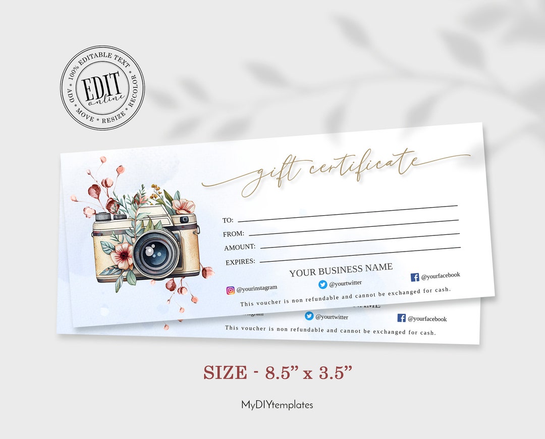 Photography Gift Certificate Template, Editable Gift Card, Photo ...