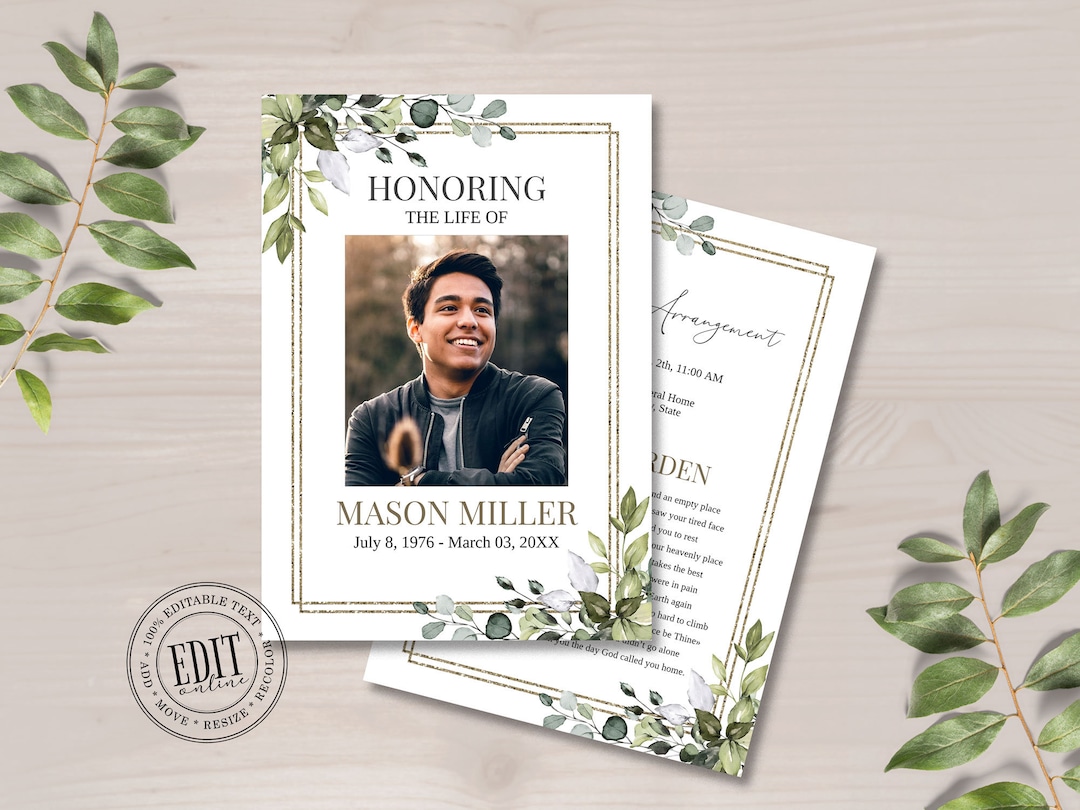 Greenery Funeral Program Template With Eucalyptus Leaves & Gold ...
