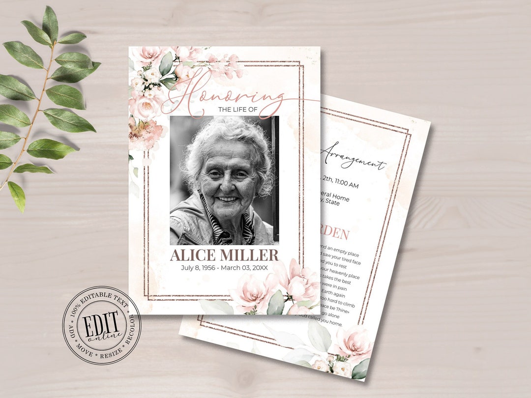 Funeral Program Template With Pink Flowers & Gold Frame, Editable and ...