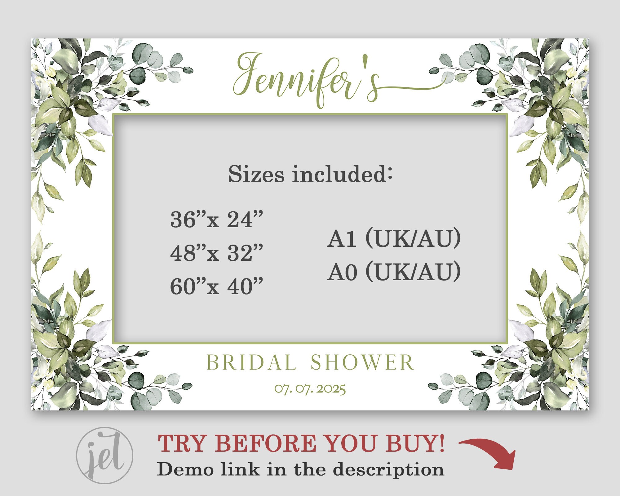 Bridal Shower Photo Prop Frame, Greenery Wedding, Hen Party Photo Booth ...