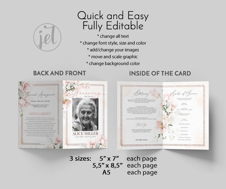 Funeral Program Template With Pink Flowers & Gold Frame, Editable and ...