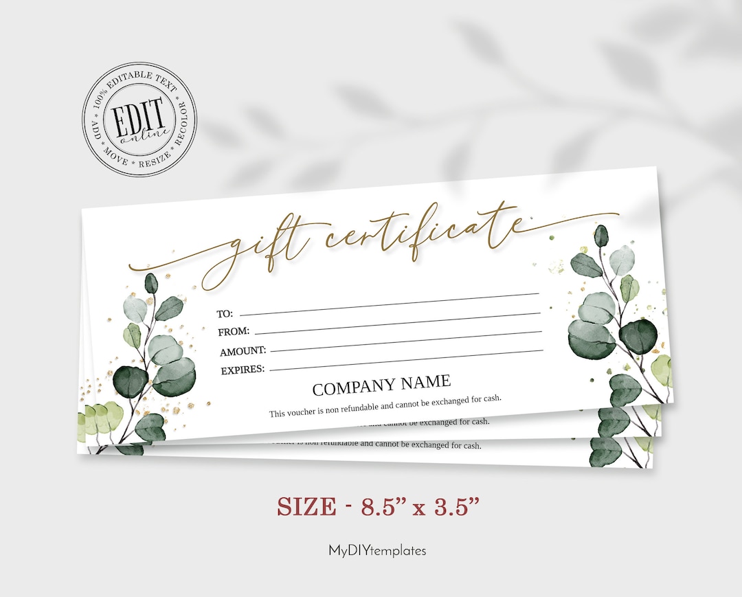 Boho Greenery Gift Certificate Template With Eucalyptus & Gold ...