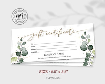 Boho Greenery Gift Certificate Template, Editable Gift Card, Printable ...