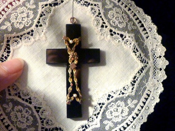 Victorian Jet Cross With Hearts Arrows and Pearls | Etsy