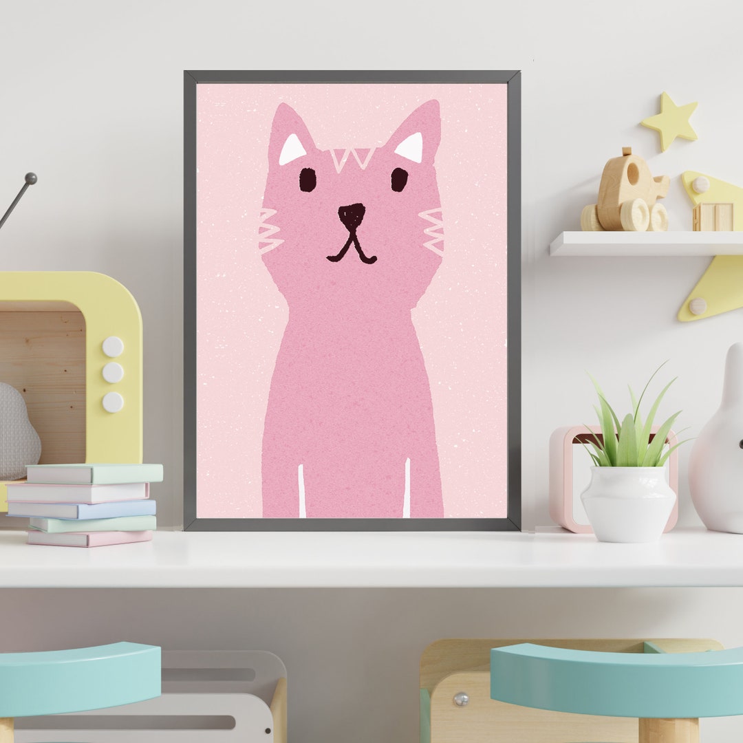 Cat Print A4 Cute Pink Cat Print Cat poster Kids room print Girls Wall ...