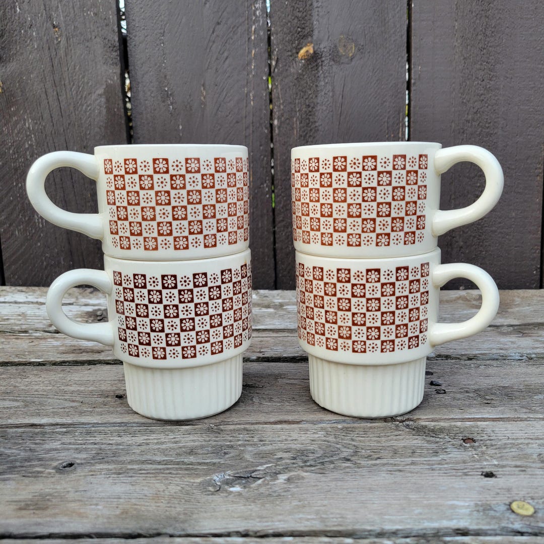 Vintage Mccoy Daisy Checkerboard Pattern Stacking Mugs, Set of 4, Brown ...