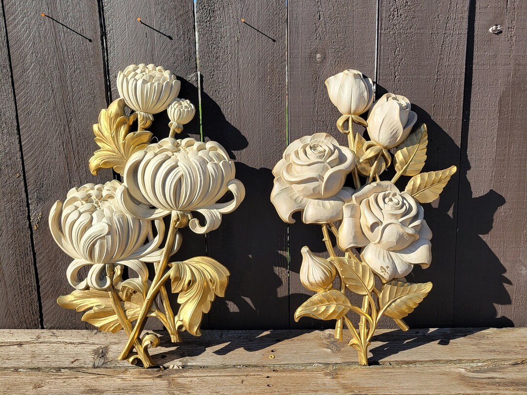 Vintage Syroco Ivory and Gold Floral Wall Plaques, Roses 4460A ...