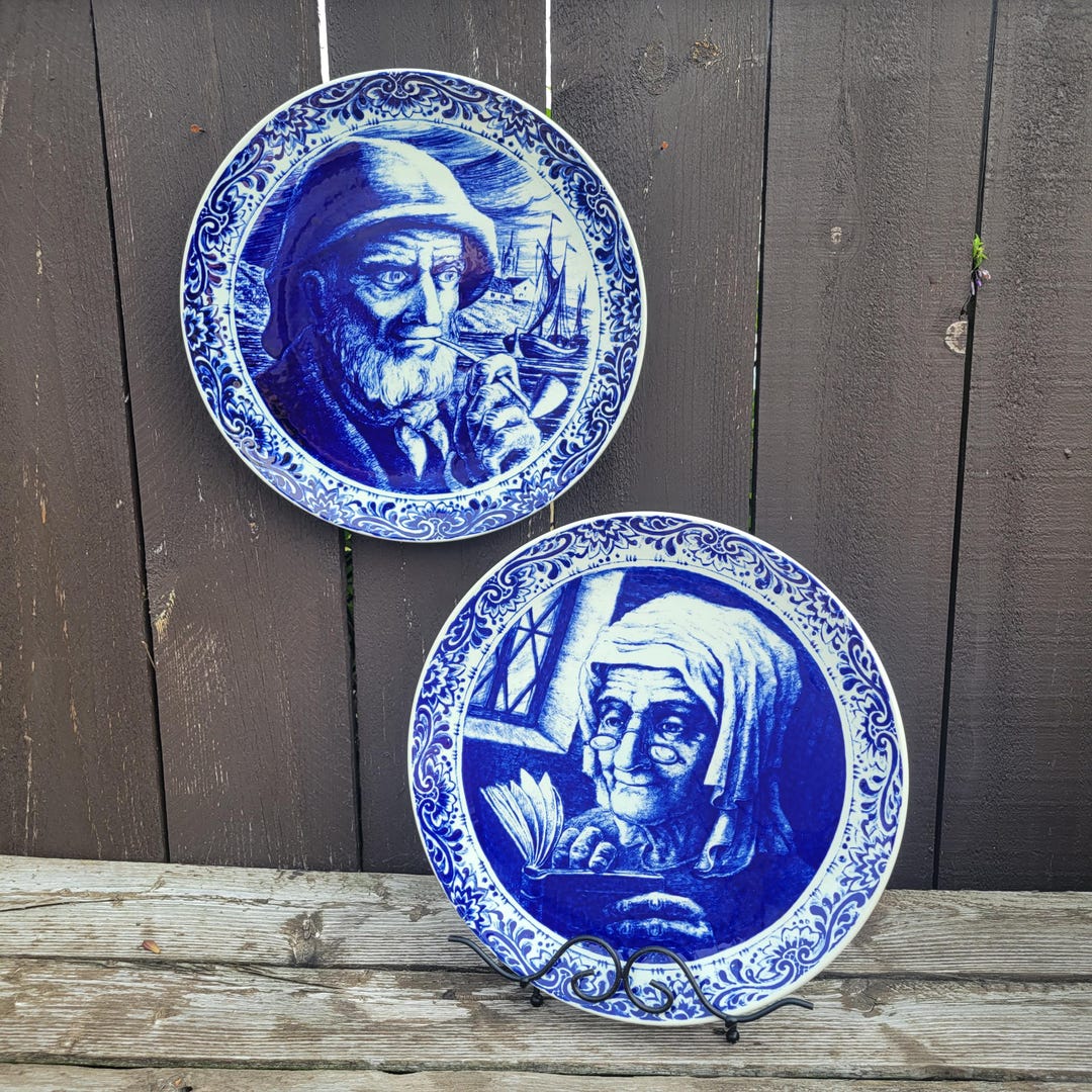 Vintage Boch Freres Delft Blue Plates: Fisherman & Wife Transferware ...