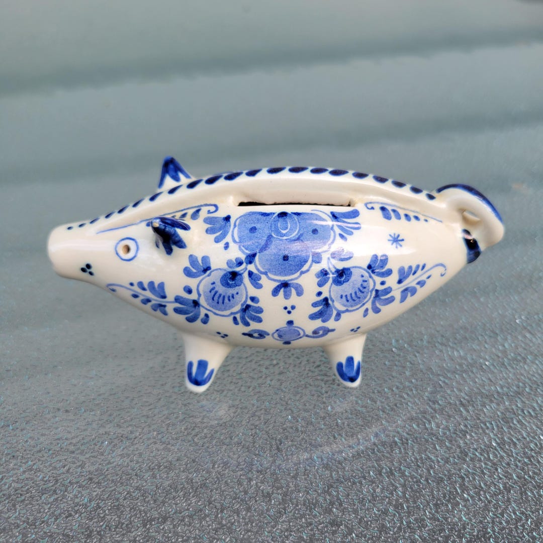 Vintage Delft Pottery Piggy Bank: Handpainted Blue Floral, Made in ...