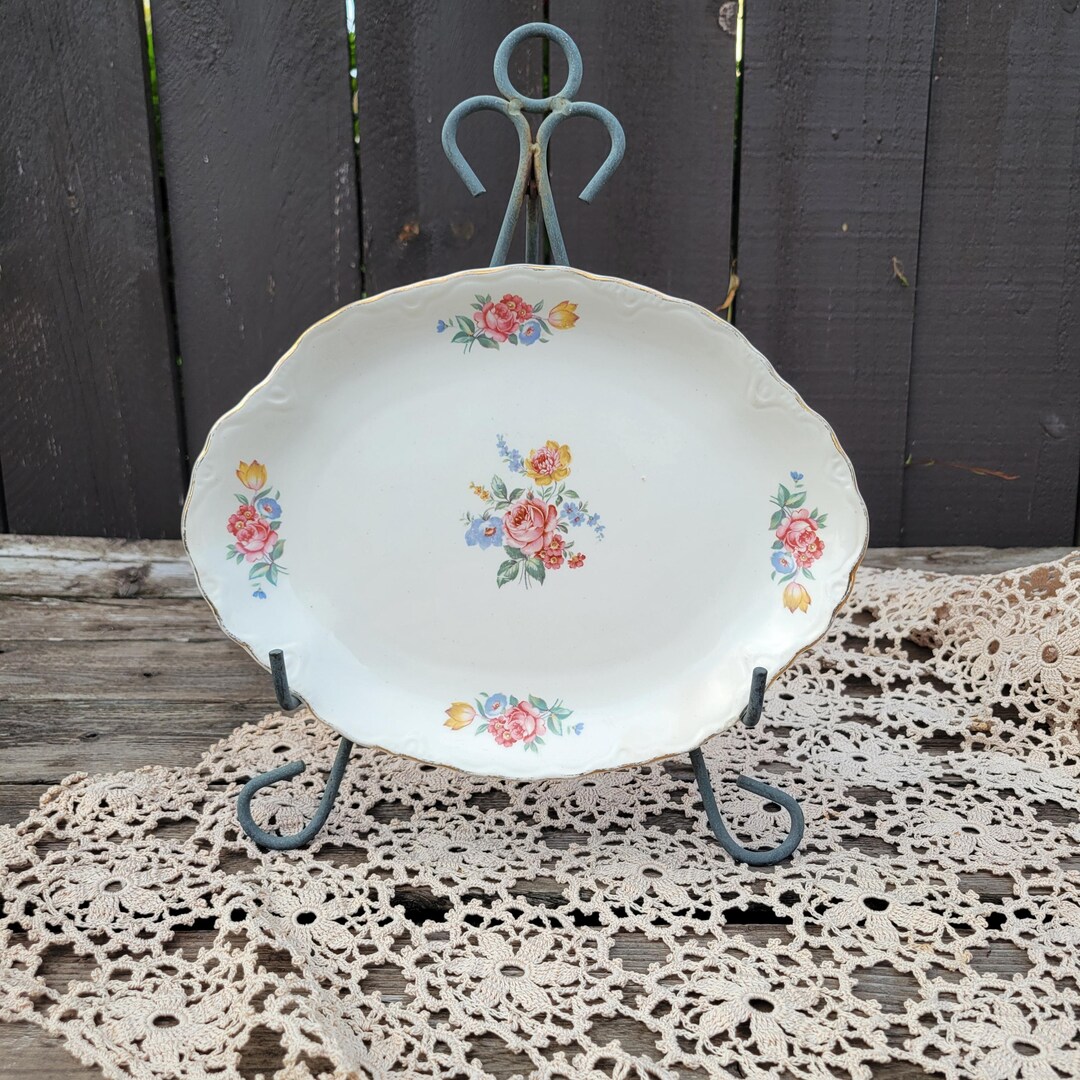 Vintage Scio Pottery Co hazel Pattern Cabbage Rose Oval Serving Platter ...