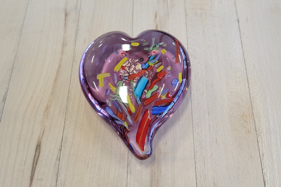 Handblown Glass Heart Paperweight, Pink Confetti Glass Sculpture ...