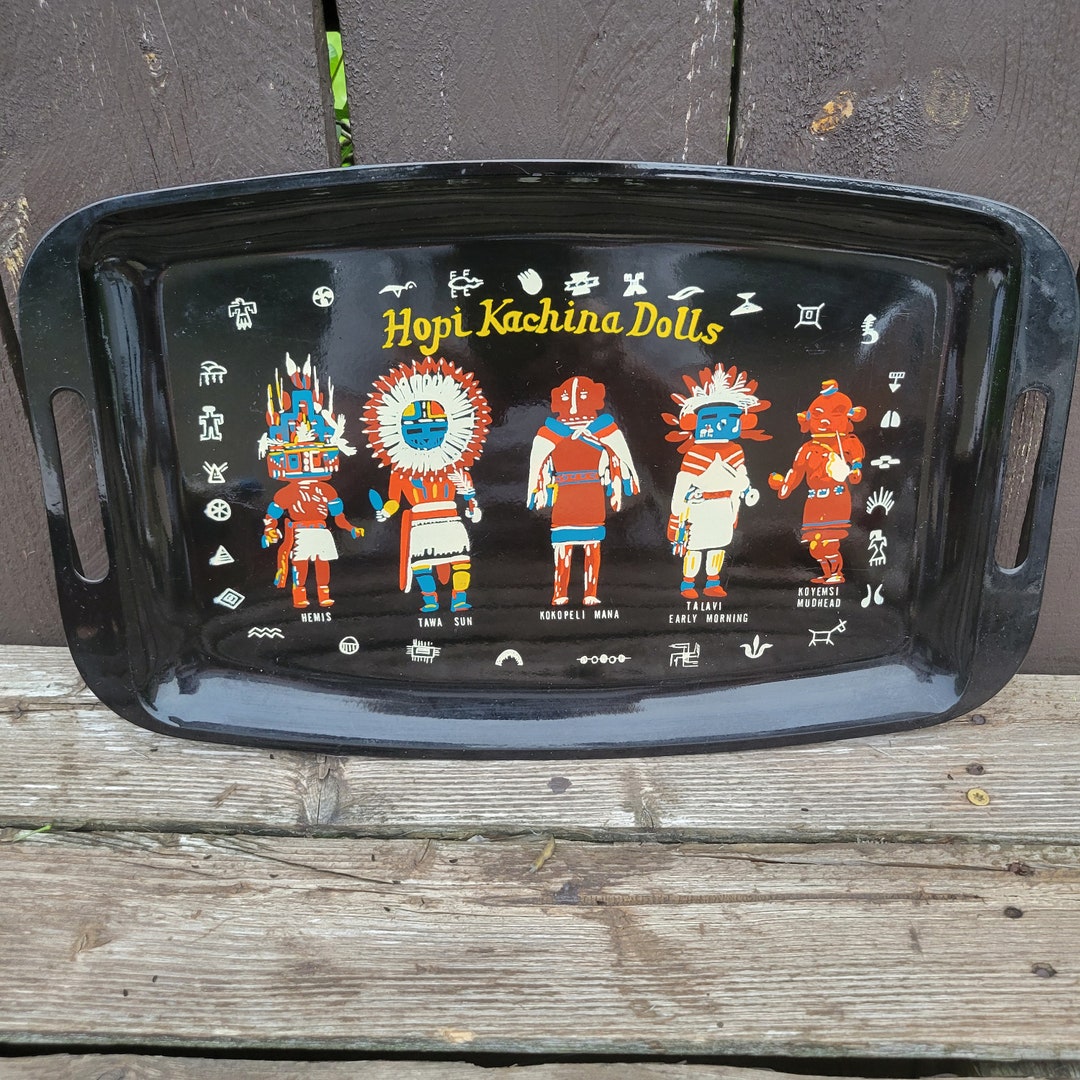 Vintage Black Plastic "hopi Kachina Dolls" Tray, Native American Art ...