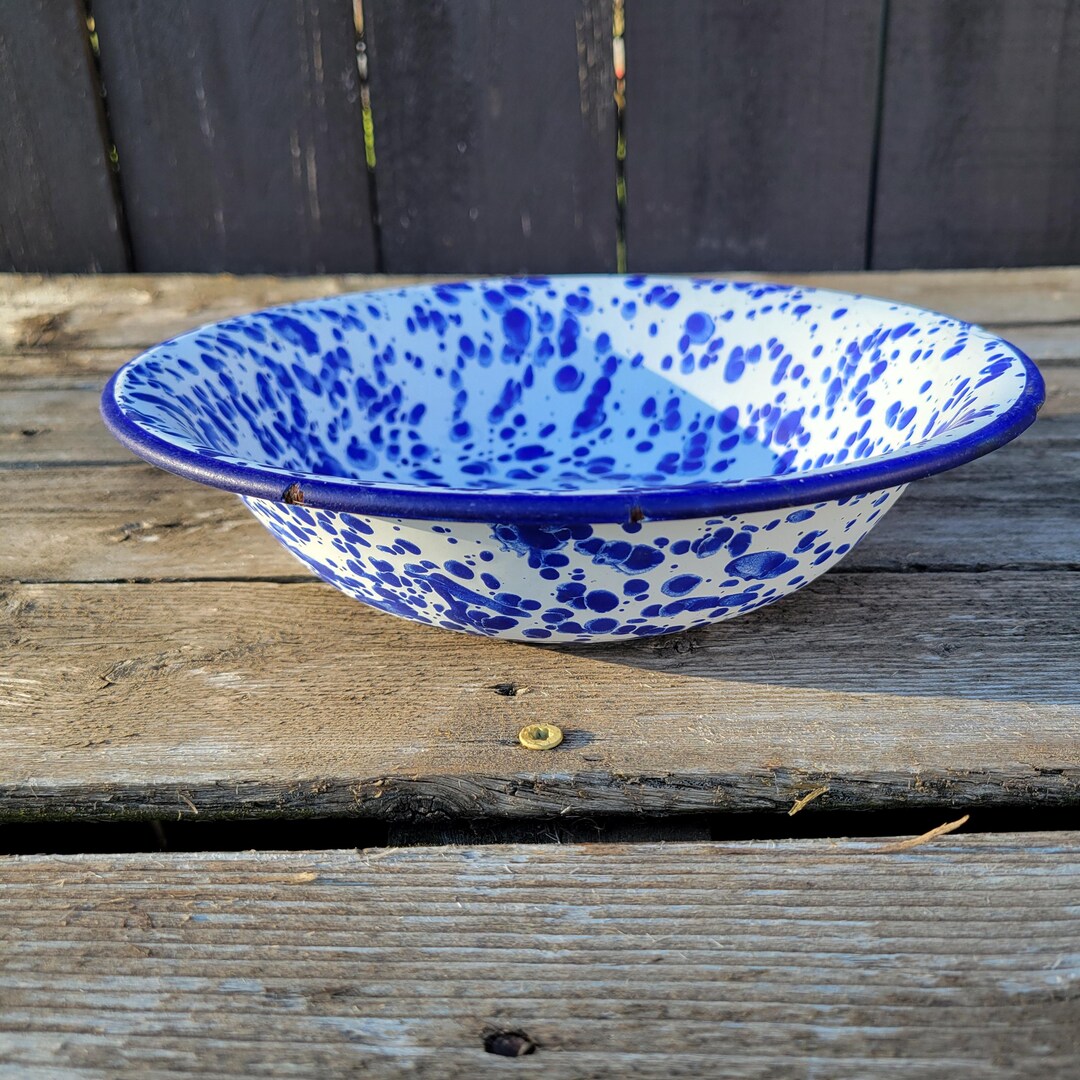 Vintage Splatterware Bowl, Blue and White Enamelware Bowl With Blue Rim ...