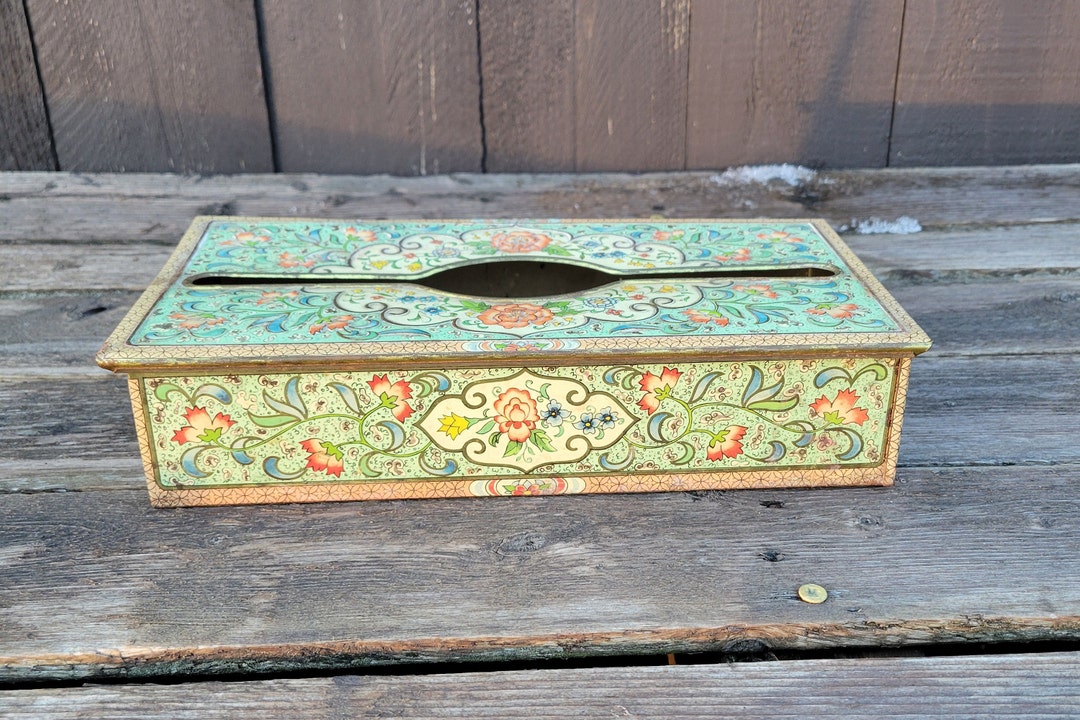 Vintage Daher Holland Tin Tissue Box Cover, Pink Green and Gold Metal ...