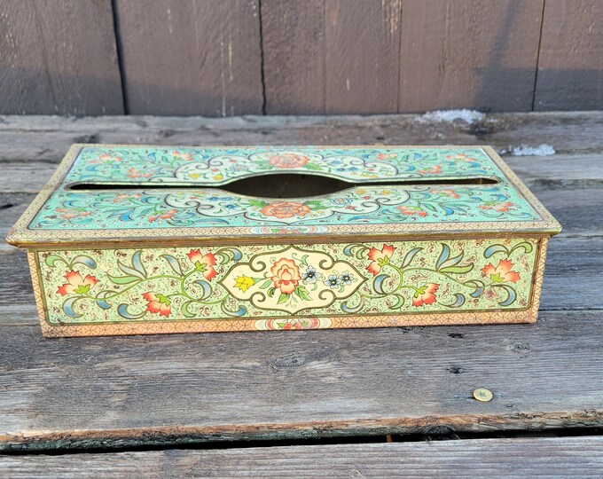 Vintage Daher Holland Tin Tissue Box Cover, Pink Green and Gold Metal ...