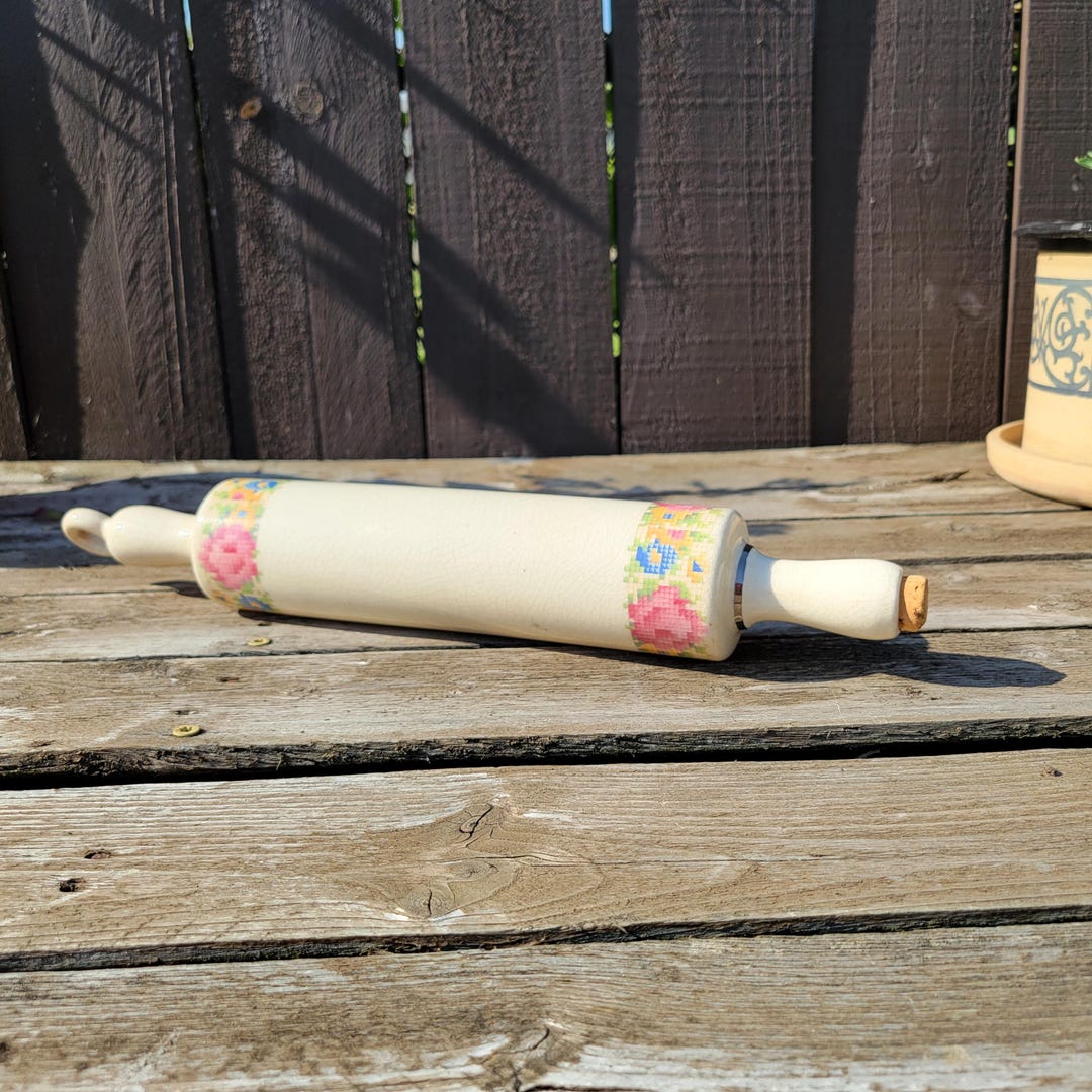 Vintage Harker Petit Point Rolling Pin: 1940s Floral Ceramic ...