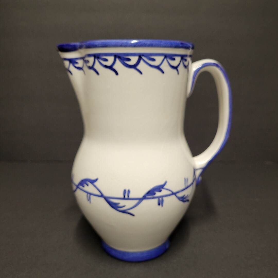 Vintage 2 Quart Cobalt Blue and White Clay Water Jug, Handmade and ...
