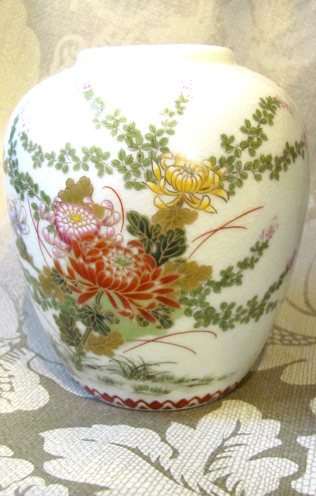 Vintage Japanese SHIBATA TOKI Ceramic Porcelain Chrysanthemum Vase Gold ...