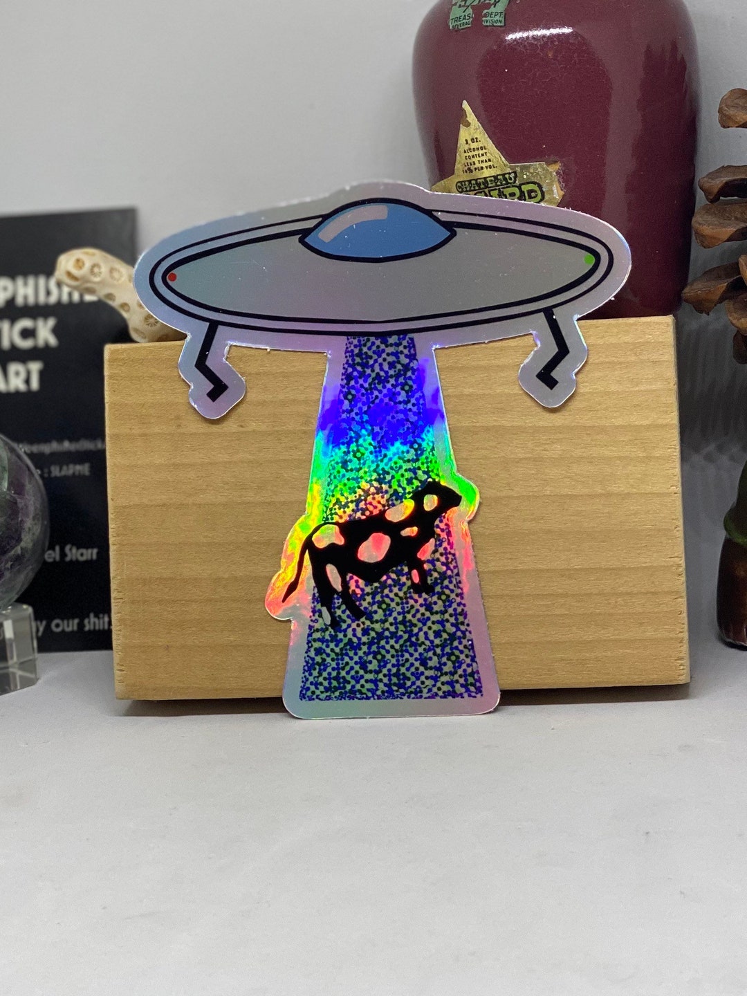 Holographic Alien Cow Abduction Conversation Piece Die Cut Sticker ...