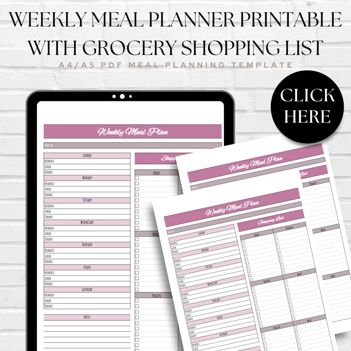 Weekly Meal Planner Printable With Grocery Shopping List | A4/A5 PDF ...