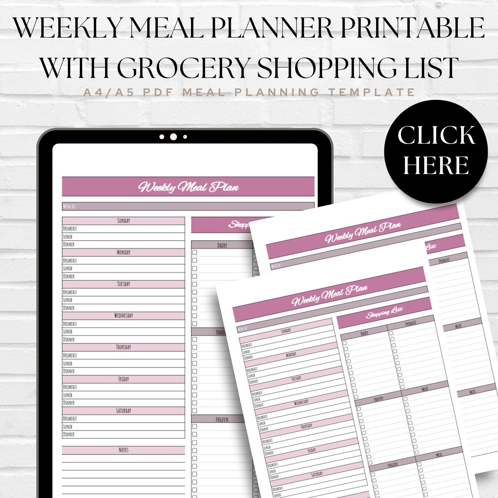 Weekly Meal Planner Printable With Grocery Shopping List | A4/A5 PDF ...