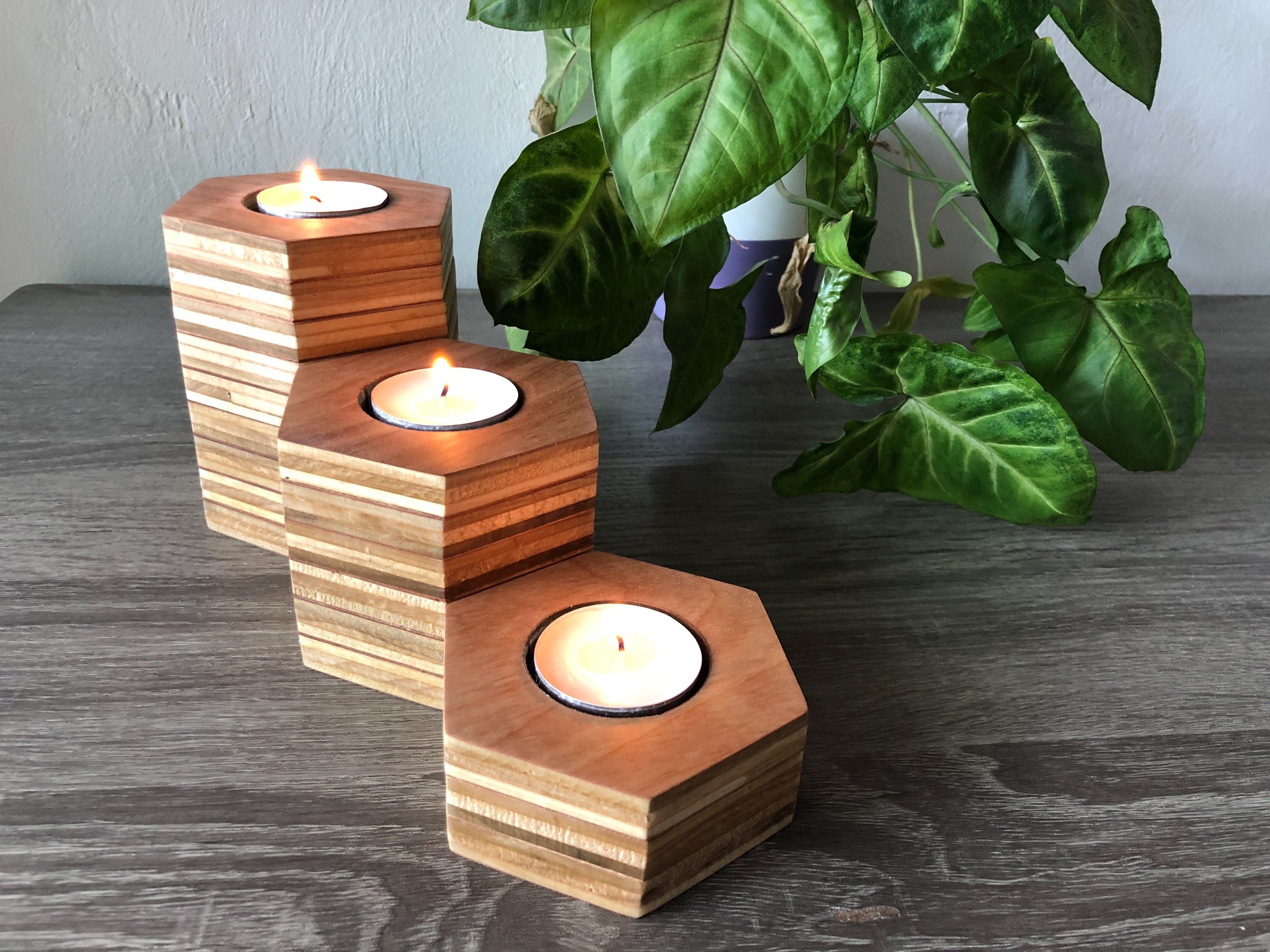 Birch Plywood Set of 3 Candle Holders for Tea Light Candles | Etsy
