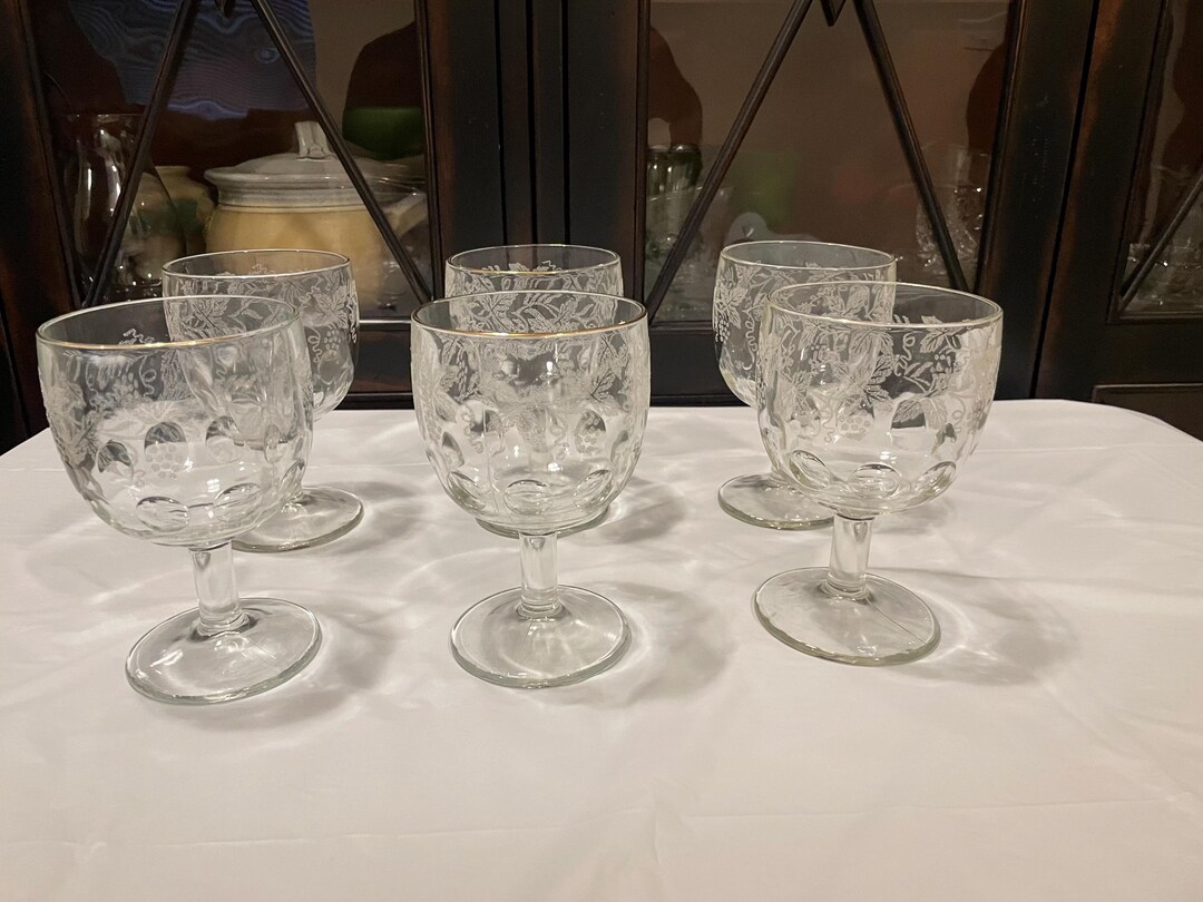 Vintage Bartlett Collins Grape Leaf Thumbprint Etched Glass Goblet Gold ...