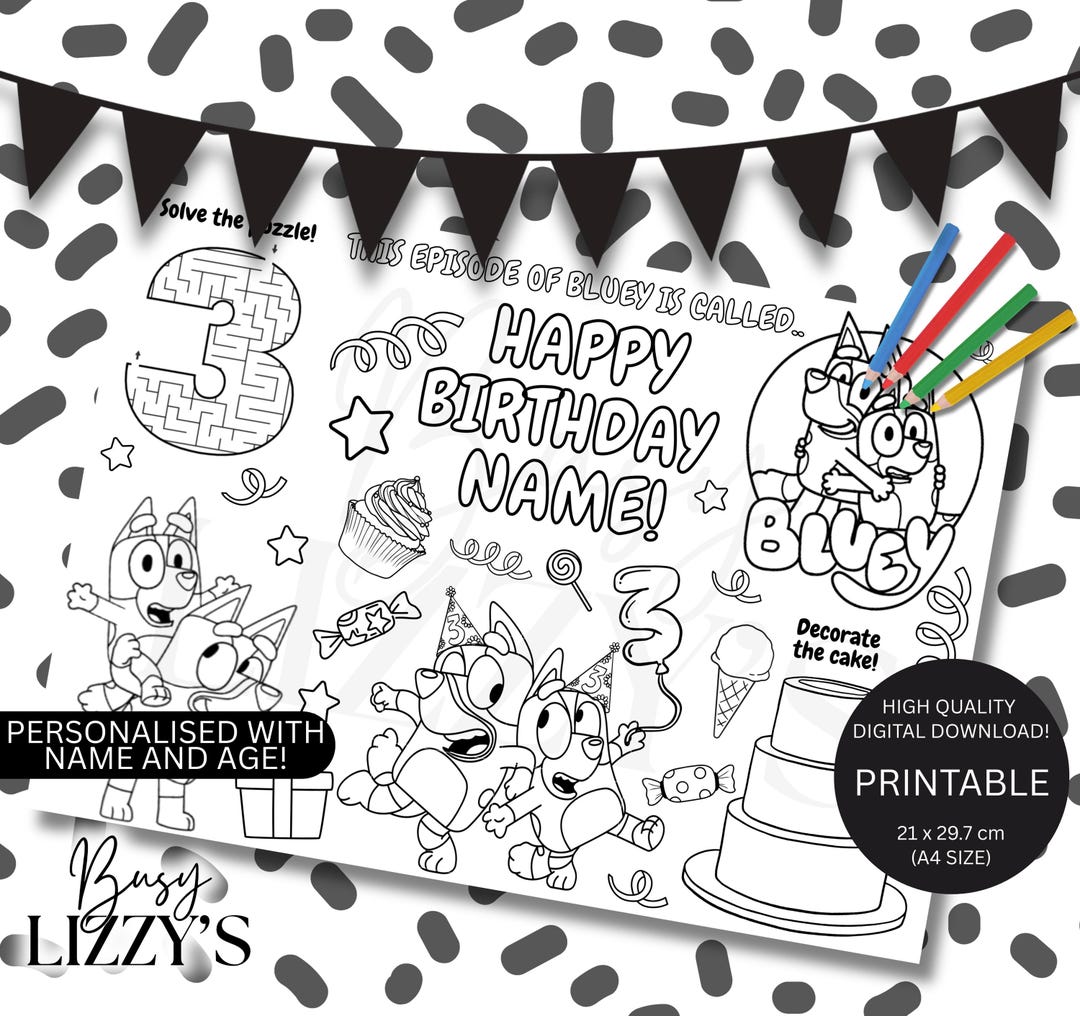 Bluey Birthday Placemat | Party Placemat | Party Activity Sheet | Bluey ...