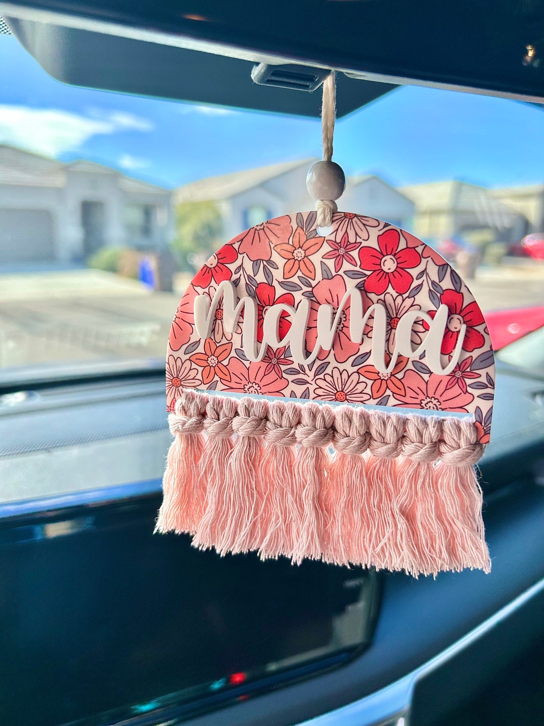 Macrame Flower Mama Car Charm / Mama Car Charm / Boho Car Charm / Rear ...