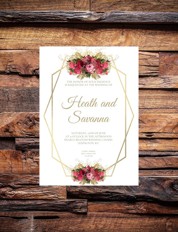 Wedding Invitation Gold Geometric Frame Floral Wedding | Etsy
