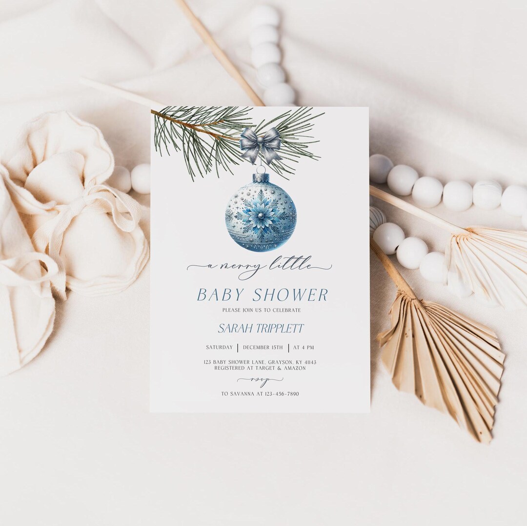 Blue & Silver A Merry Little Baby Shower Invitation, Christmas Invite ...
