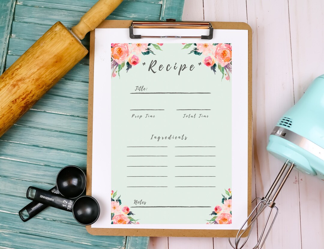 Recipe Card, Pink Watercolor Flowers. Kitchen, Cooking, Wedding ...