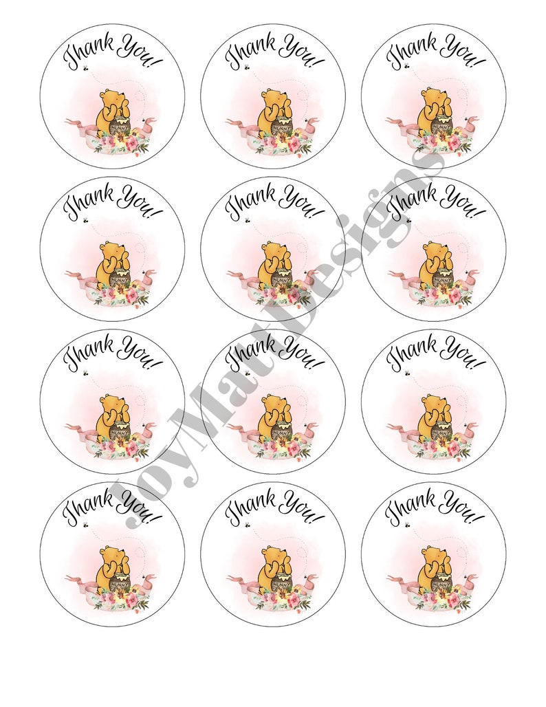 Classic Winnie the Pooh Baby Shower Stickers, Thank You Stickers, Pink ...