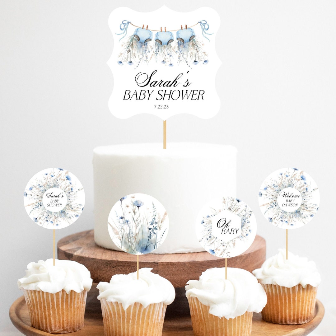 Dusty Blue Floral Watercolor Diapers & Wipes Baby Shower Cake Topper ...
