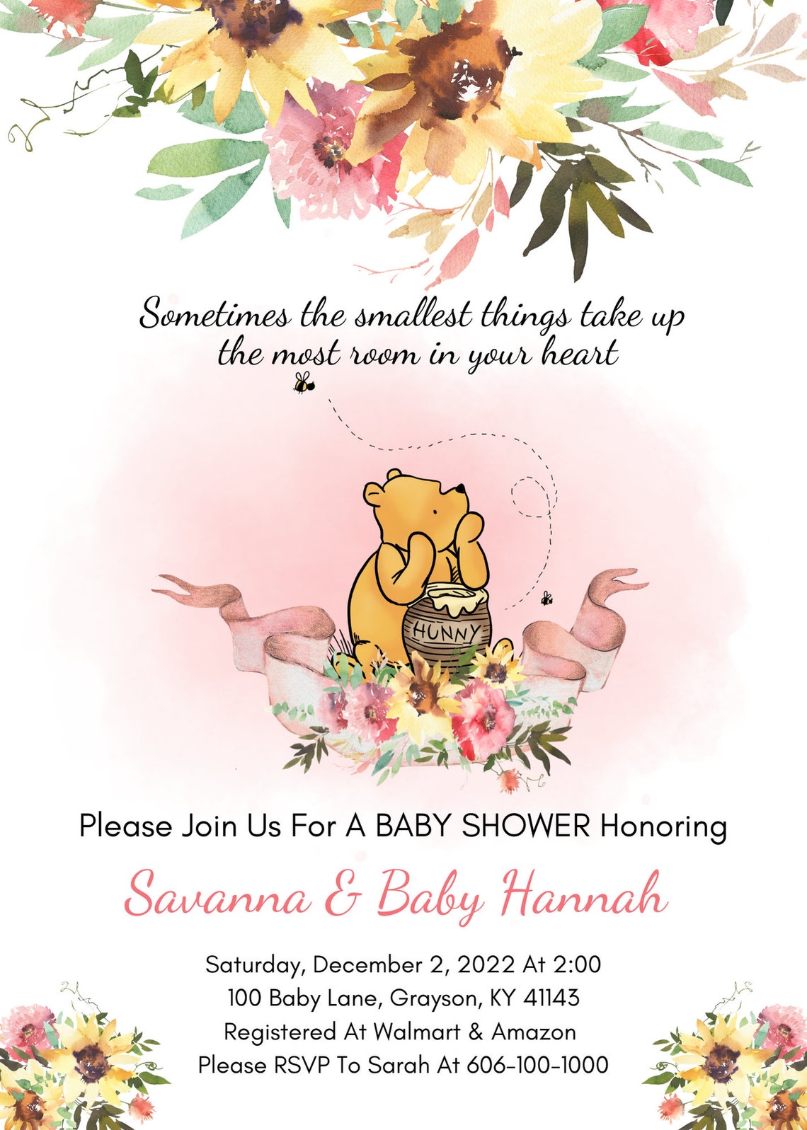 Pink Floral and Sunflower Watercolor Classic Winnie the Pooh | Etsy